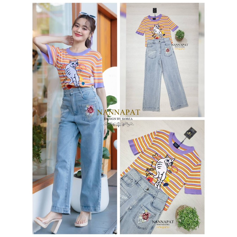 M10 งานป้าย Nannapat Set ชุดเซ็ตเสื้อแขนสั้น+กางเกงยีนส์ขายาว สำหรับผู้หญิง เสื้อผ้าแฟชั่น ...