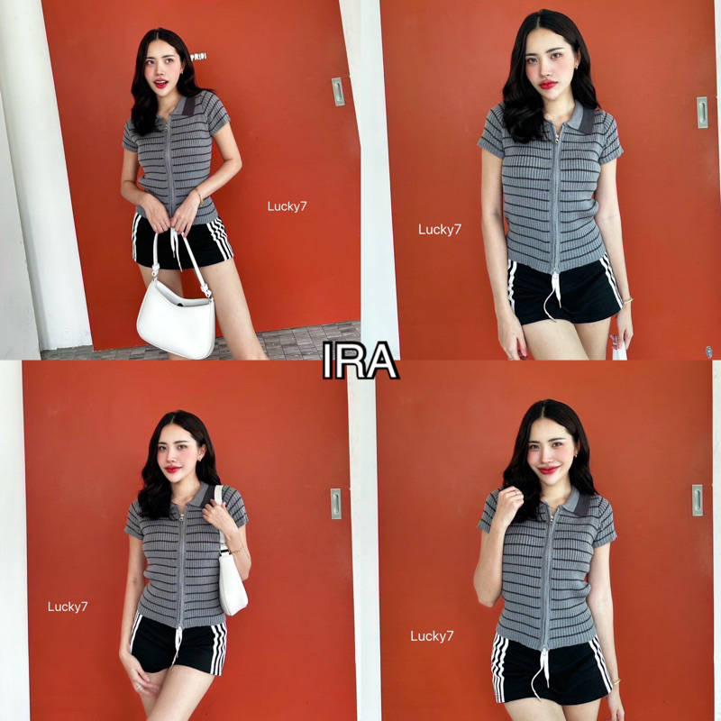 BY IRA Tank Top ครอปคอปกลายทางปักลายปังสุดๆ ดีเทลซิปหน้า | Shopee Thailand