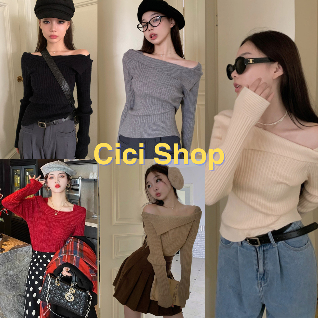 Cicishop(X1622)เสื้อแขนยาวปาดไหล่ไหมพรมผ้าร่อง สไตล์เกาหลีsocuteสุดๆ | Shopee Thailand