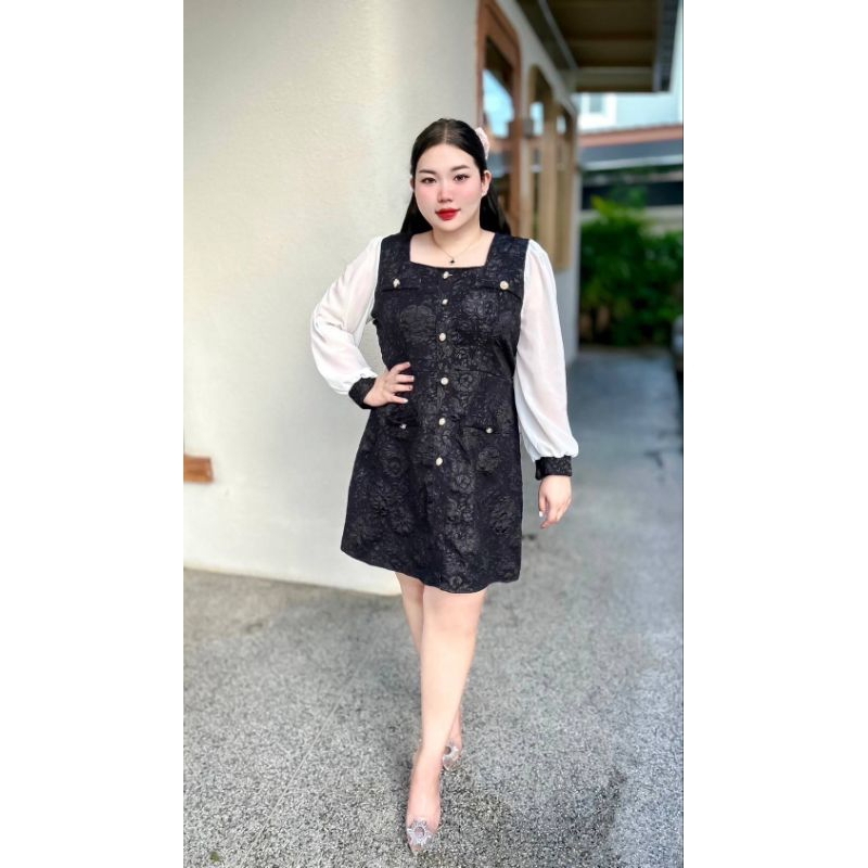 BN128.ชุดเดรสออกงานสาวอวบ รุ่นคอเหลี่ยม แขนชีฟองยาว ผ้าluxuryปั้มลายนูน อก46" | Shopee Thailand