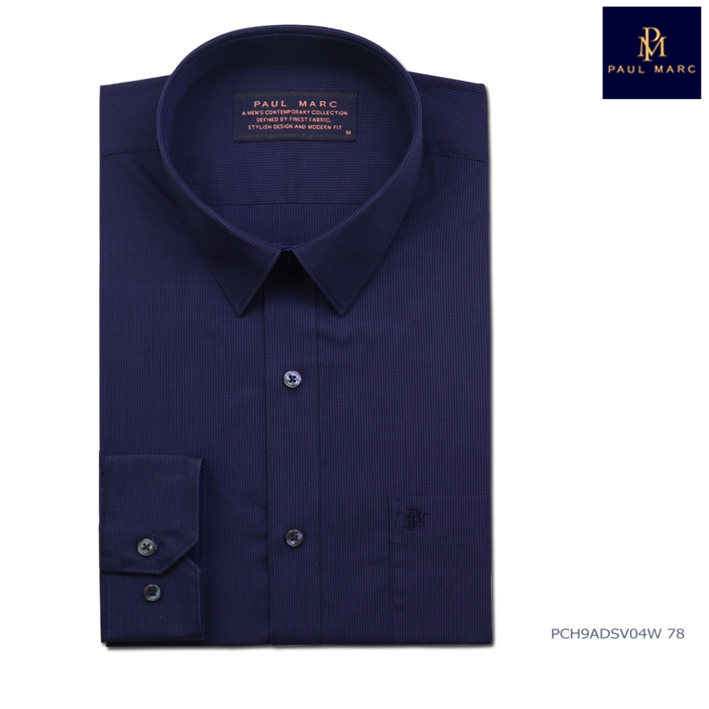 PAUL MARC เสื้อเชิ้ตทำงานสีกรมท่าแขนยาว slim fit ลายตาราง ผ้านุ่มใส่ ...