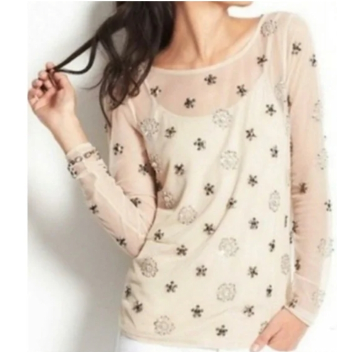 ANN TAYLOR Beaded Mesh Top เสื้อซีทรู แขนยาว ปักลูกปัด Size L | Shopee ...