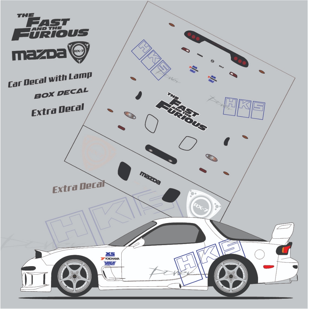 ดีคอลน้ำ RX-7 Mazda HKS OIL POWER Fast and furious 1/64 หมึกขาว ครบชุด ...