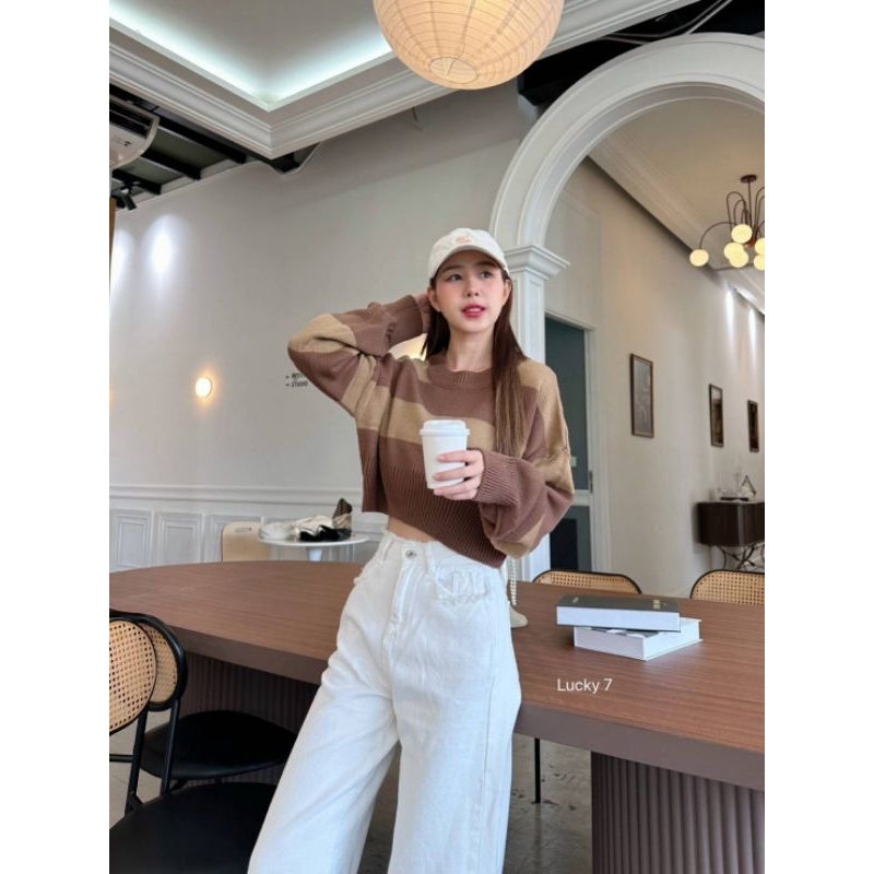 L194.เสื้อครอปไหมพรมแขนยาวทอลายสลับสี น่ารัก | Shopee Thailand