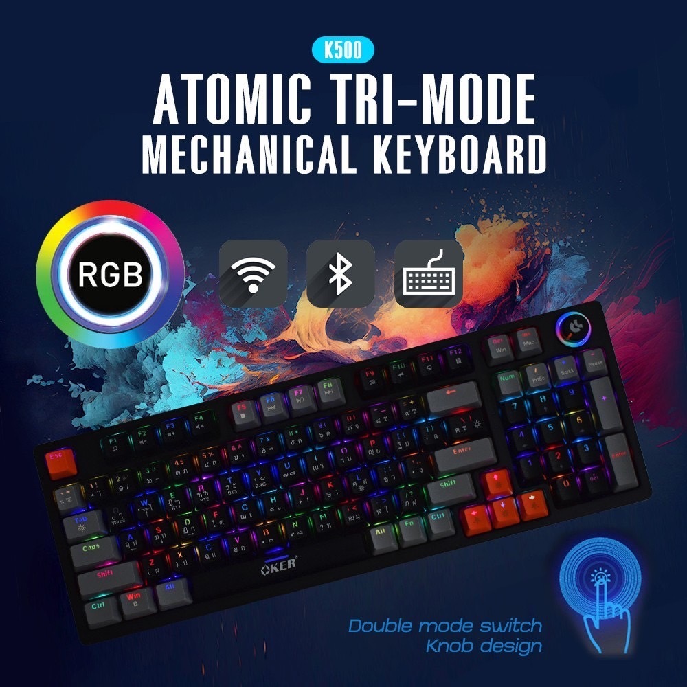 Oker K500 คีย์บอร์ดไฟ RGB 22โหมด ปุ่มกด Blue switch 3โหมด มีสาย/ไร้สาย ...