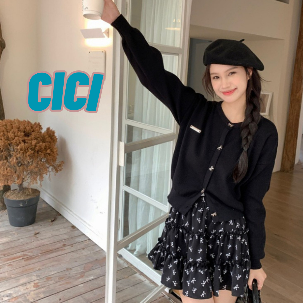 Cici(NO.A1798+J880)Bow Set เสื้อไหมพรมแขนยาวกระดุมโบว์+กระโปรงสั้นชายระบายลายโบว์ ใส่แมตช์น่ารัก ...