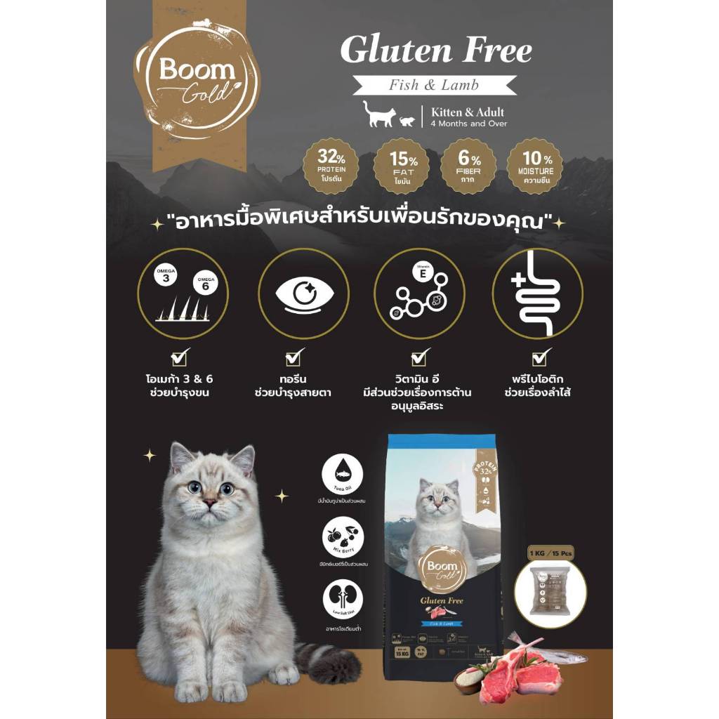 อาหารแมวบูมโกลด์ BOOM GOLD GLUTEN FREE โปรตีน 32% สำหรับลูกแมวและแมวโต ...