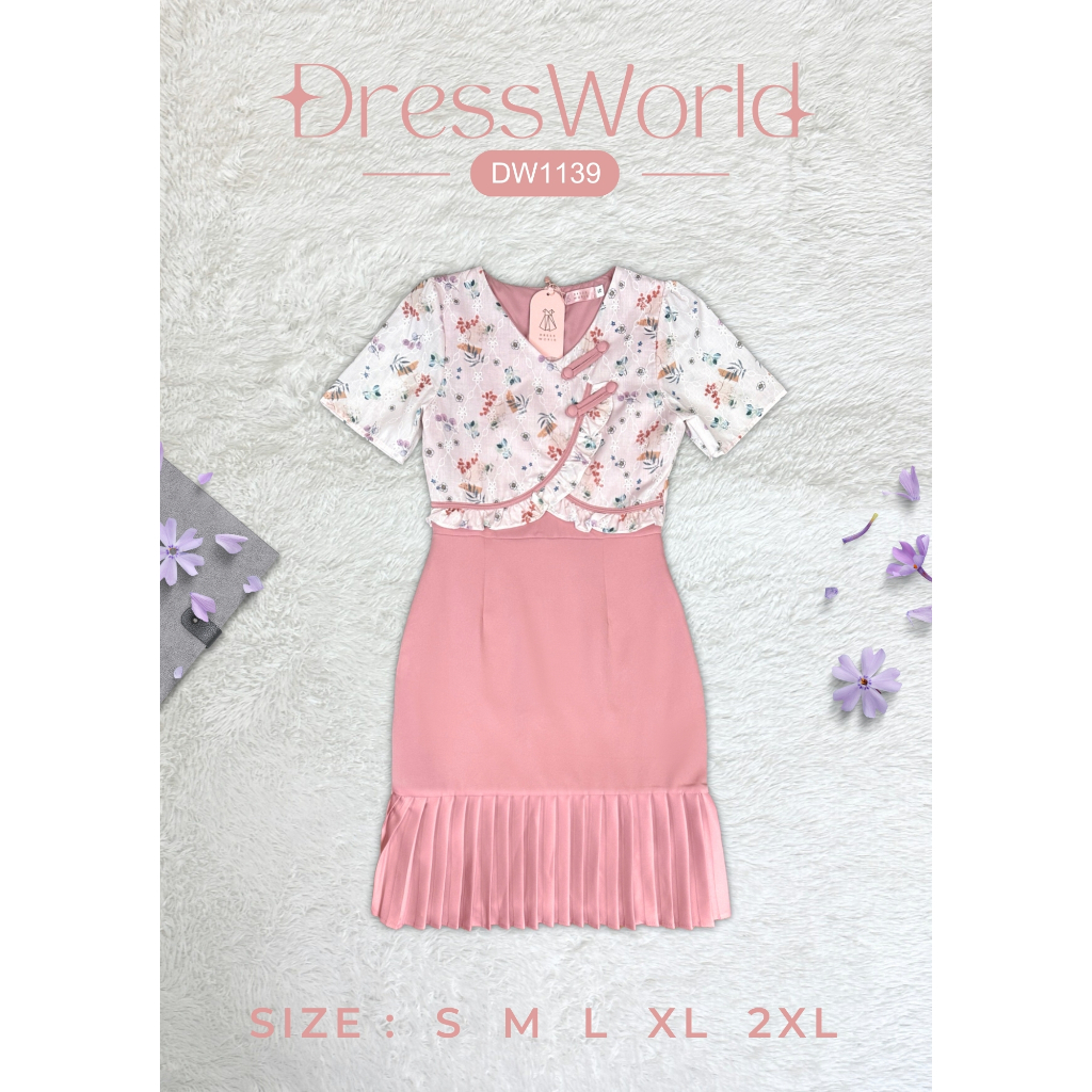 DW1139-NVB DRESS WORLD - 1139 เดรสชายกระโปรงพีชแต่งเสื้อลายชายเสื้อระบาย(ทักแชทเช็คสต็อคก่อนสั่ง ...