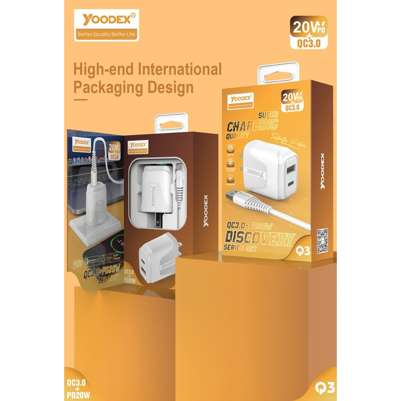 Yoodex Q3 20W 【รับประกัน 1 ปี】หัว PD+QC3.0 ส่งจากไทย 2 Output Fast Charge สายชาร์จ หัวชาร์จเร็ว ...