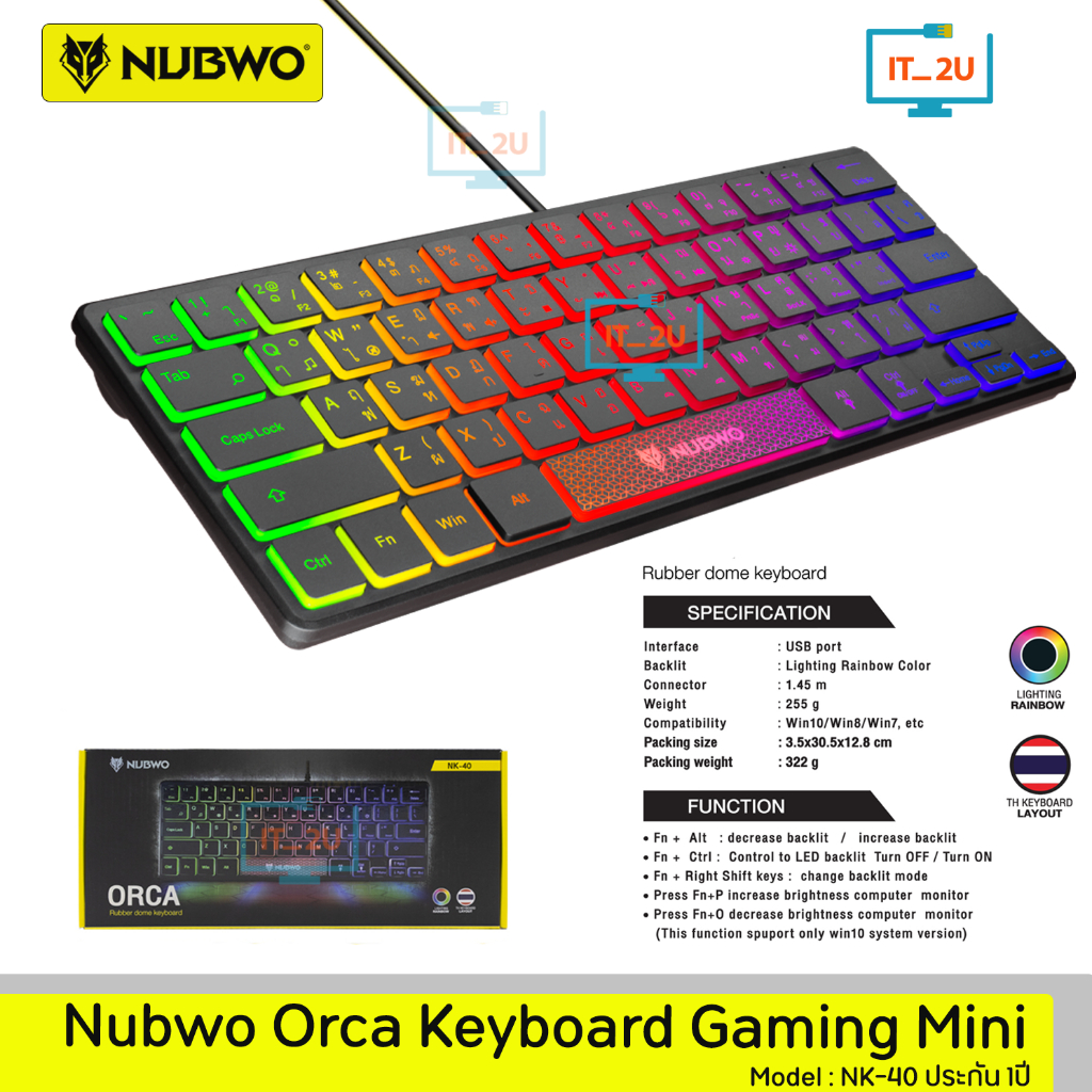 Nubwo NK-40 ORCA Keyboard Rubber Dome Switch LED Lighting Rainbow ปุ่มยาง 60% | Shopee Thailand
