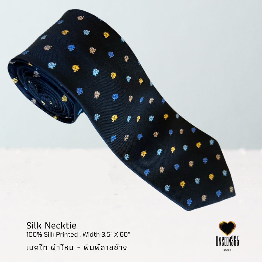 เนคไทผ้าไหม พิมพ์ลายช้าง สีกรม - TE 02 Silk necktie 100% Silk Printed ...