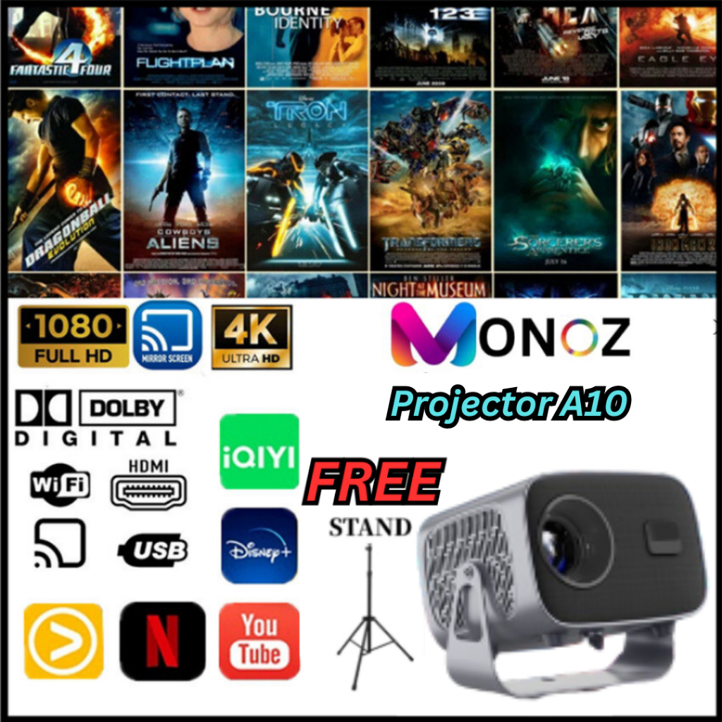 MONOZ A10 โปรเจ็กเตอร์ 4k，มินิโปรเจคเตอร ความละเอียด 1080P แบบพกพา ...