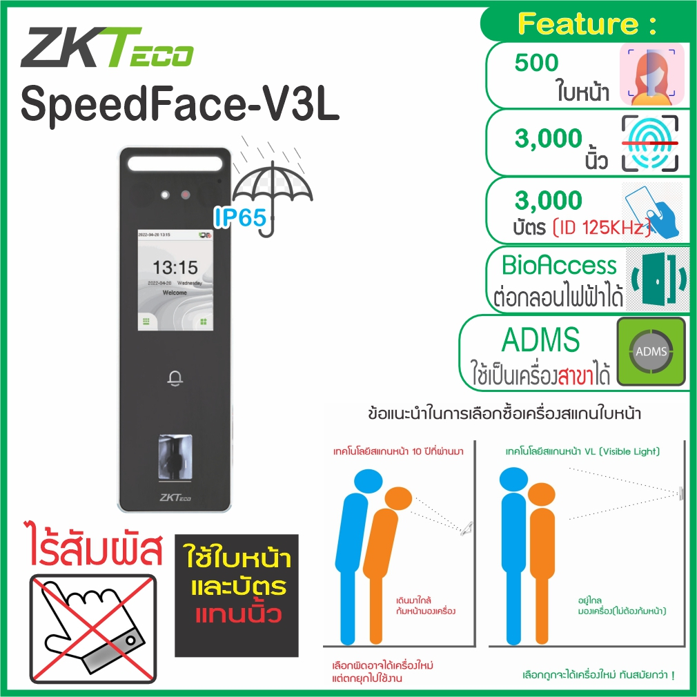 ZKTEco SpeedFace-V3L กันน้ำ เครื่องสแกนใบหน้า/นิ้วมือ/ทาบบัตร RFID มี ADMS ใช้งานที่สาขาได้ ...