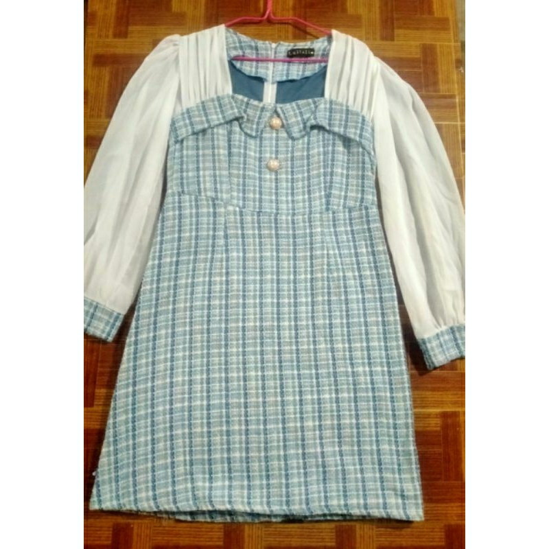 เดรสผ้าทวิตสีฟ้า แขนยาวชีฟองสีขาว (XL) ป้าย Lullalin (มือ 2) | Shopee Thailand