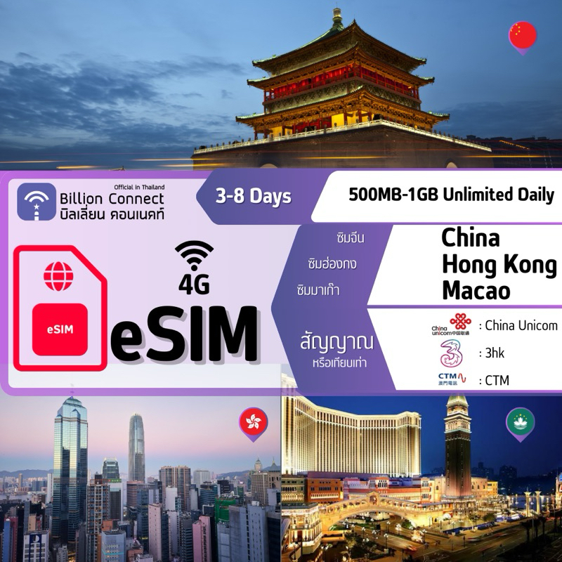 eSIM China Hongkong Macao Sim Card Unlimited 500MB-1GB Daily สัญญาณ China Unicom 3hk CTM : ซิม ...