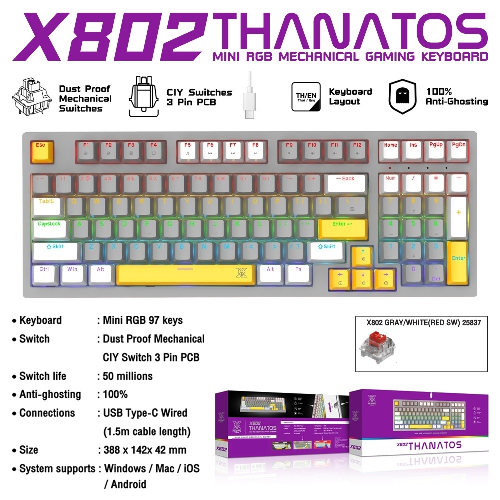 คีย์บอร์ดเกมมิ่ง NUBWO THANATOS X802 Mini RGB Mechanical Keyboard 97 ...