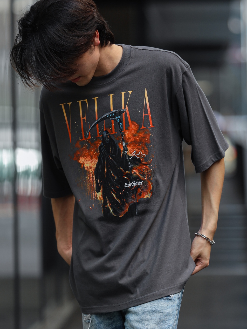 เสื้อ Oversize - "Grim Reaper" [Dark Grey] | Velika | Shopee Thailand