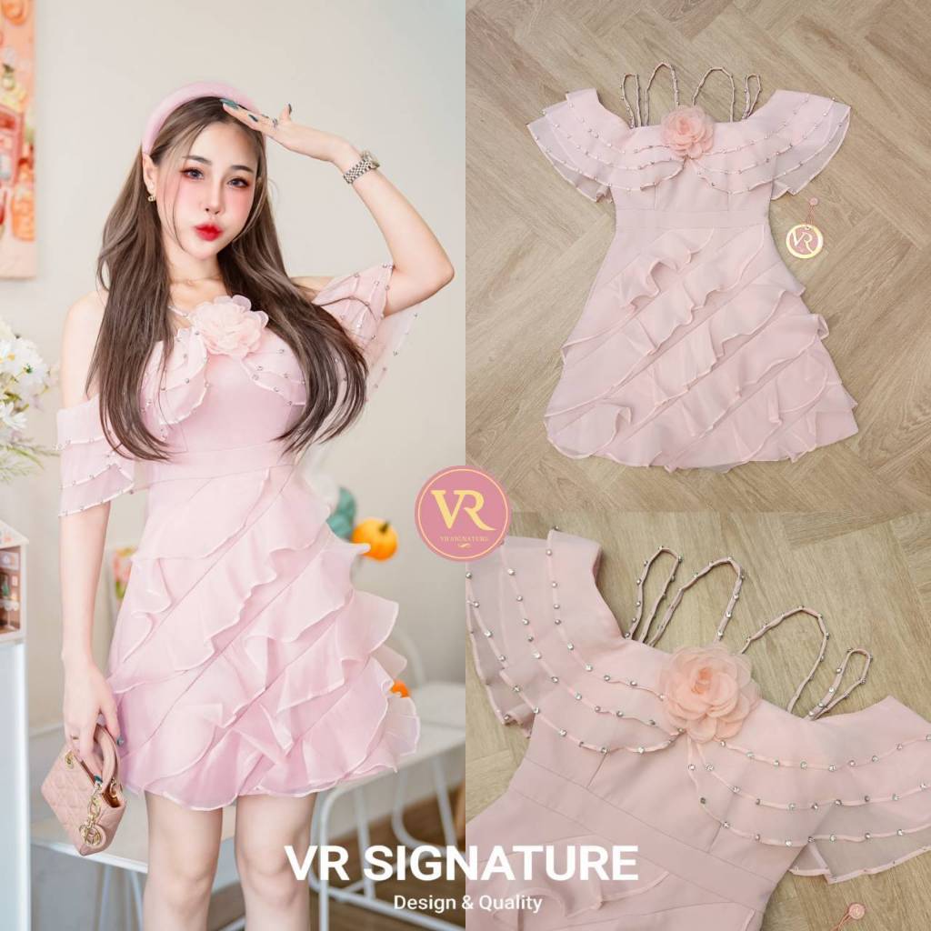 VORA Dress สั้น สานเดี๋ยว แต่งแขนระบายชั้น แต่งตอกเพชรช่วงสายและระบายด้านหน้า-หลัง | Shopee Thailand