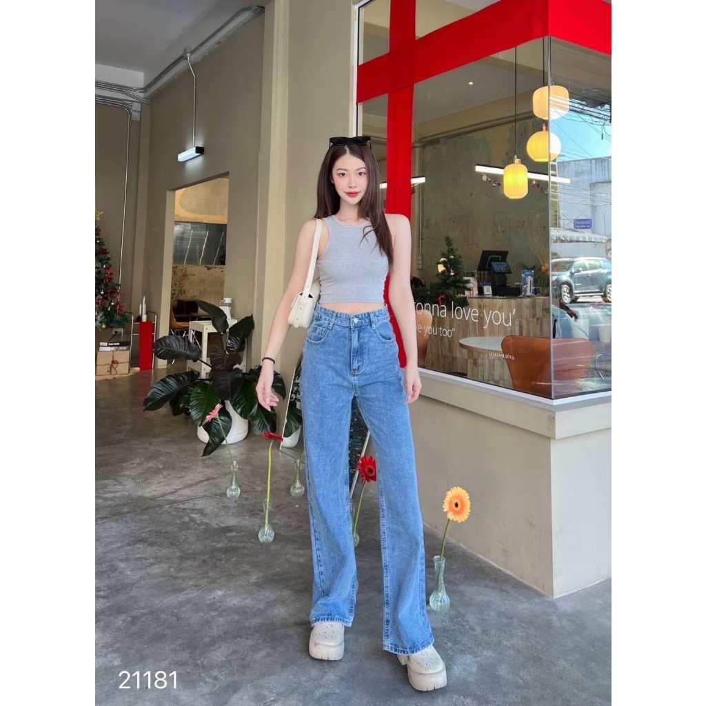 Jsara jeans 21181 กางเกงยีนส์ขายาว ทรงบอยกระบอกตรง เอวสูง | Shopee Thailand