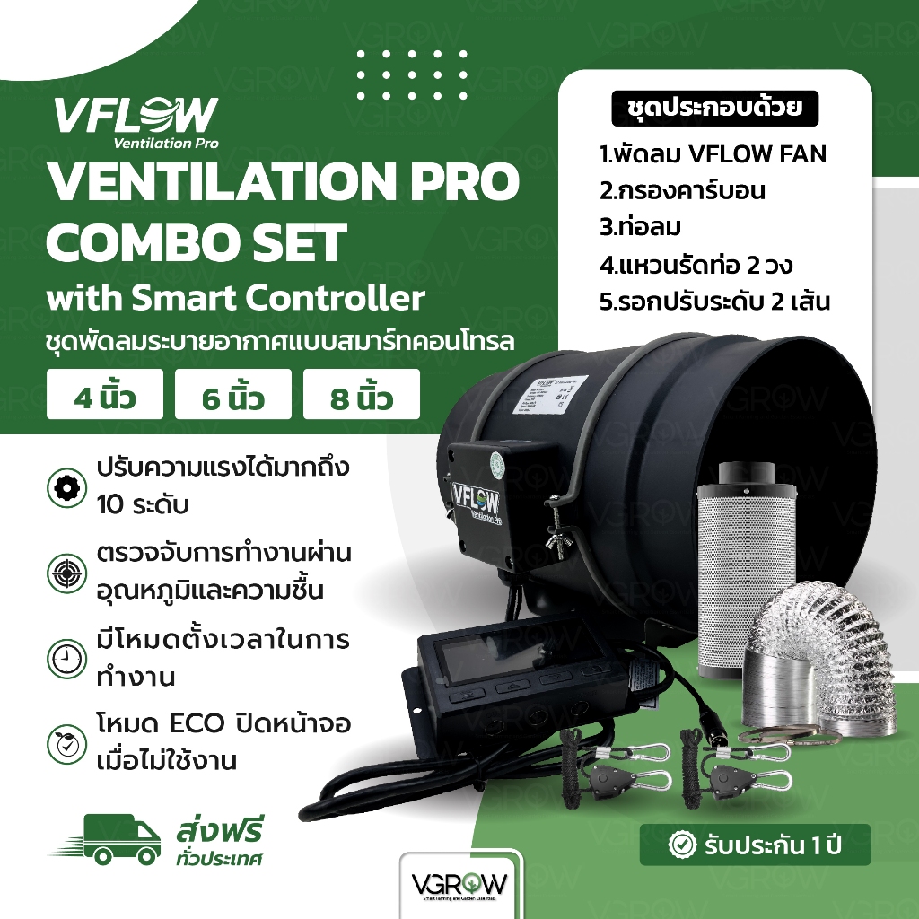 [ส่งฟรี] ชุดพัดลมระบายอากาศ VFLOW Smart Fan ขนาด เซ็ท 4,6,8 นิ้ว พัดลม+กรองคาร์บอน+ท่อลม ฟอยล์ ...