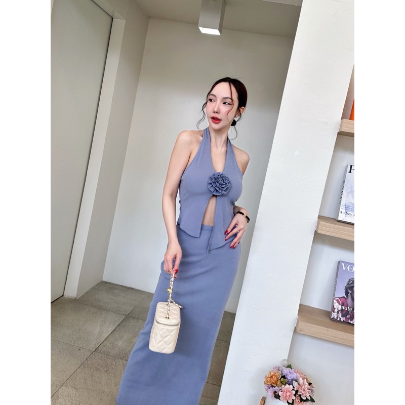 poshie(1229) peipi set ชุดเซ็ท2ชิ้น เสื้อแต่งกุหลาบที่อกและกระโปรงยาว ...