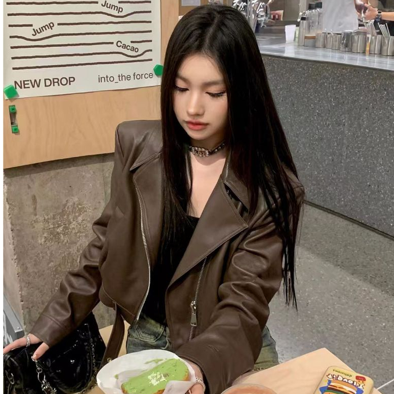 เสื้อโค้ทหนัง Mellard สั้นผู้หญิง 2024 ฤดูใบไม้ผลิใหม่ความรู้สึกสูงหัว ...