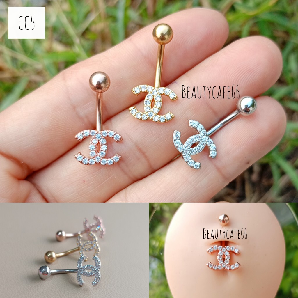 CC5 จิวสะดือเพชร มีสีเงิน/สีทอง/พิงค์ ก้าน 1.6*10 mm. Stainless 316L งา ...