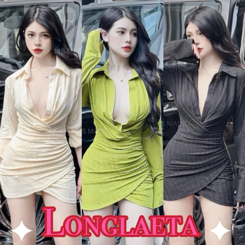 sexy dress เดรสสั้นแขนยาวแต่งแหวกอกทรงเข้ารูป ชุดสไตล์สาวเวียดนาม msmade | Shopee Thailand