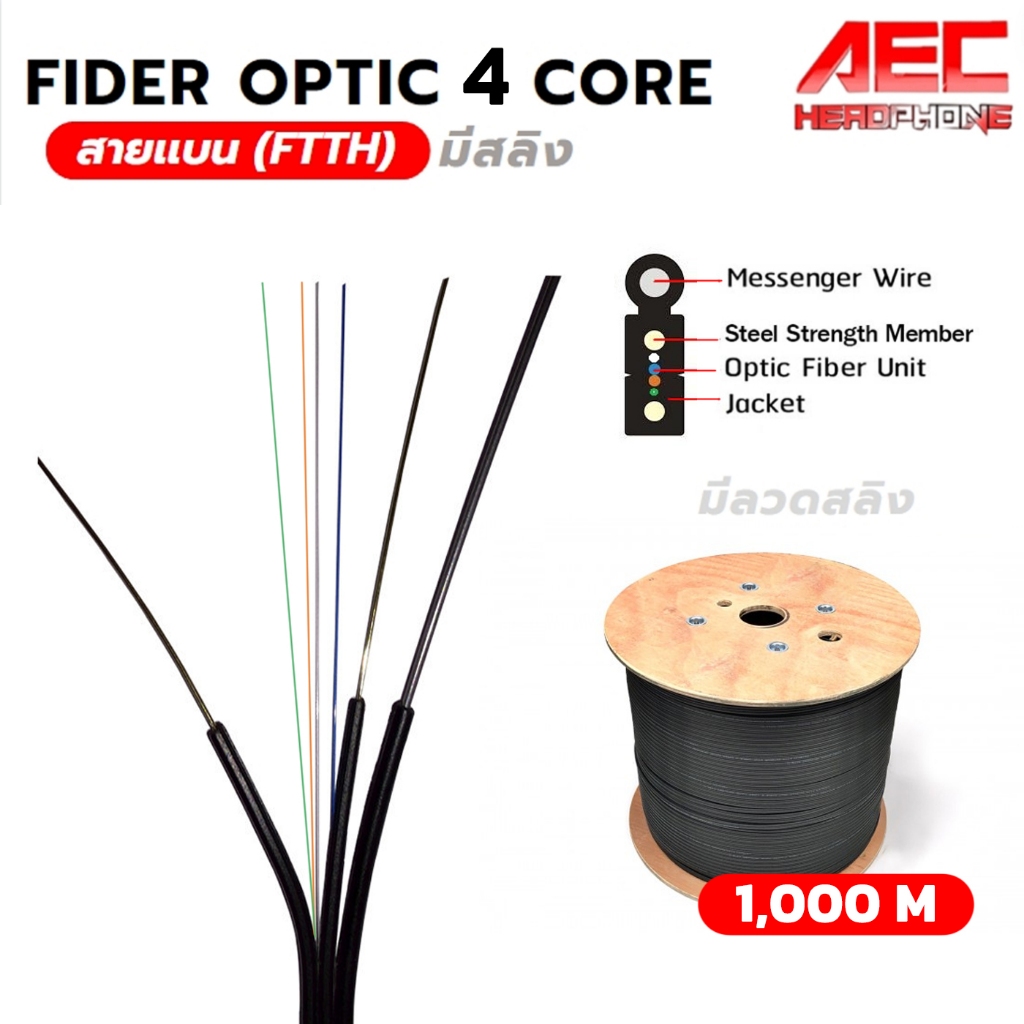 สายไฟเบอร์ ออฟติก มีสลิง 4 Core Fiber Optic + Sling Outdoor Cable สายเเบน FTTH FTTX | Shopee ...