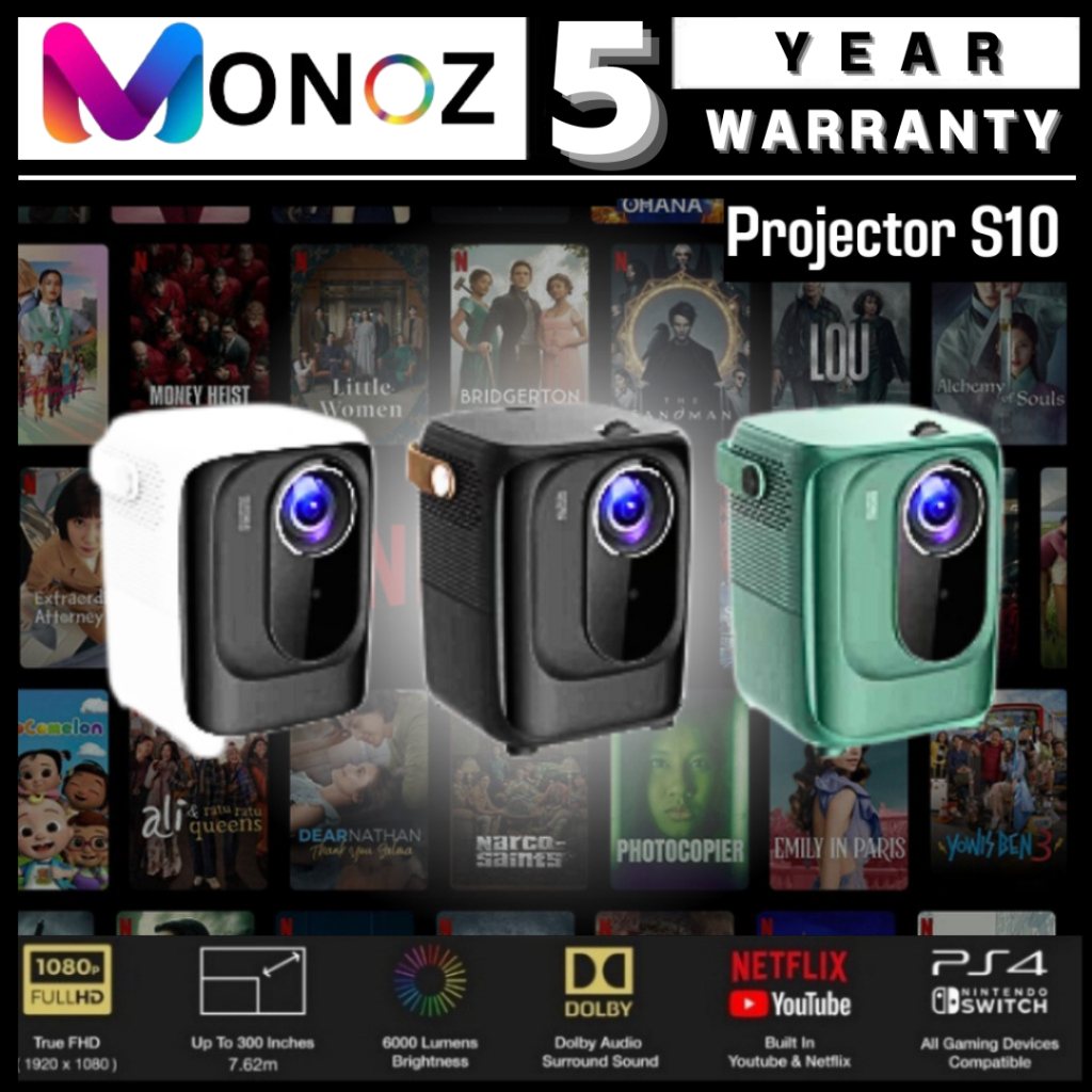 Monoz Projector S10 แบบพกพาสมาร์ทมินิ HD 1600 lumens โปรเจคเตอร์ OS ...