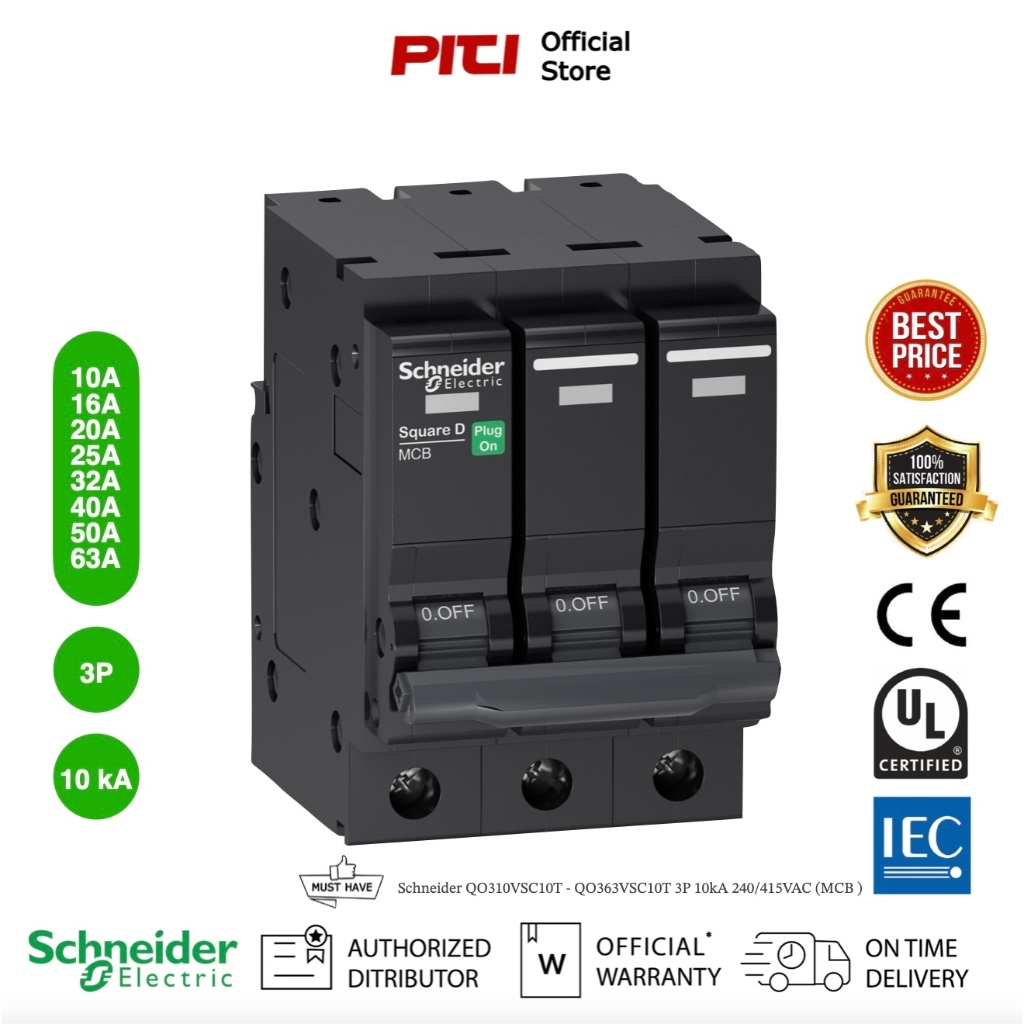 Schneider MCB QO320VSC10T 20A 3P 10kA QOvs เซอร์กิตเบรกเกอร์ลูกย่อย ชนิด 3โพล Miniature Circuit ...