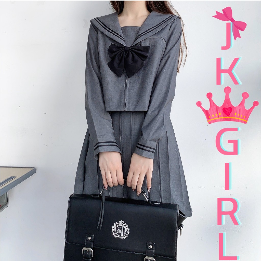 JK GIRL ชุดนักเรียน JKชุดโทนเทา โบว์สีดำเข้าชุด JK-008 | Shopee Thailand