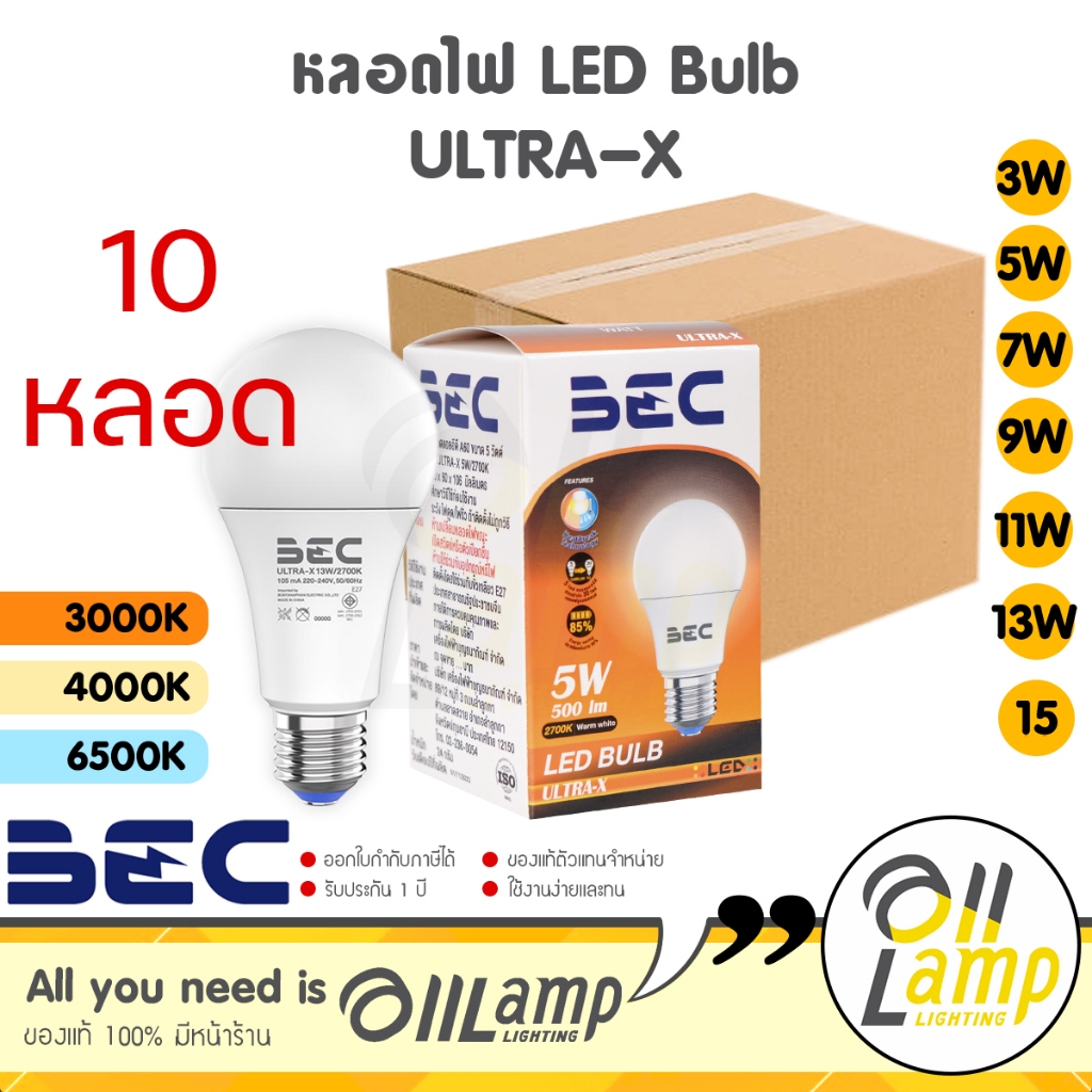 BEC หลอดไฟ LED Bulb ราคา 10 หลอด รุ่น ULTRA-X 3w 5w 7w 9w 11w 13w 15w ขั้ว E27 ประกัน1ปี ...