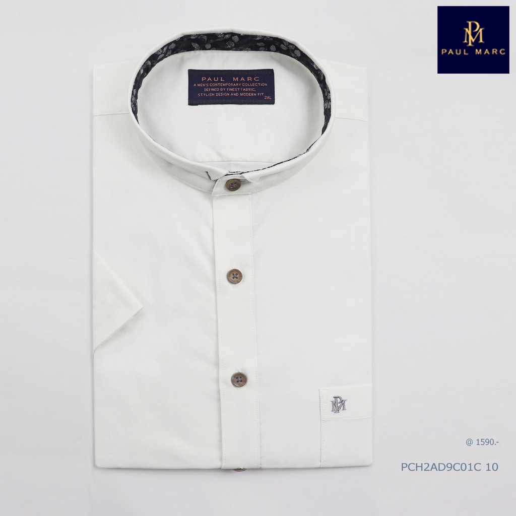 PAUL MARC เสื้อเชิ้ตสีขาวคอจีนแขนสั้น สไตล์มินิมอล ผ้าoxford slim fit ...