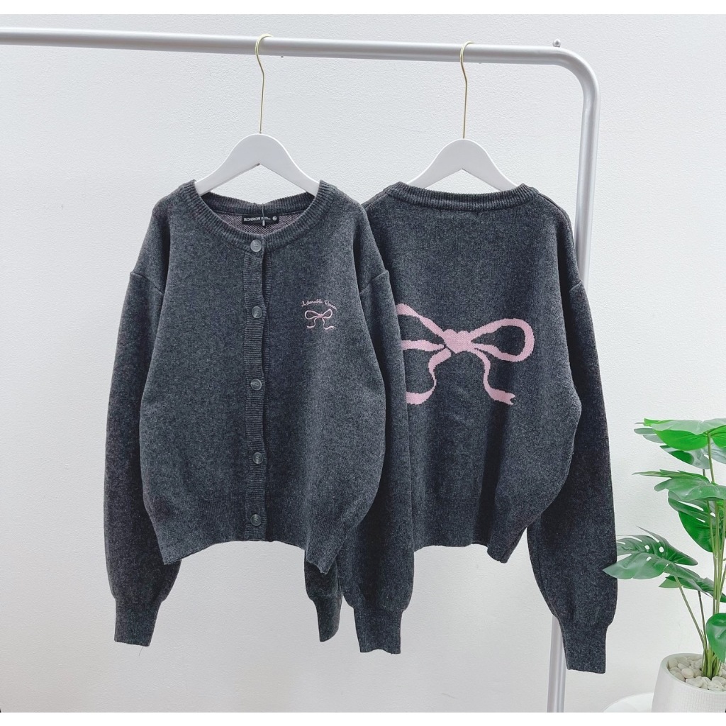 Ronron Heart Ribbon Knit Cardigan (Grey) | Shopee Thailand