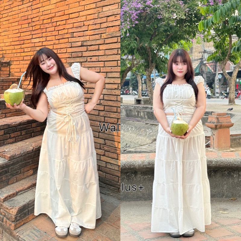 Set2ชิ้น เสื้อครอปแต่งลูกไม้+กระโปรงยาว งานสาวอวบ อก38-52นิ้ว (มีไซซ์) | Shopee Thailand