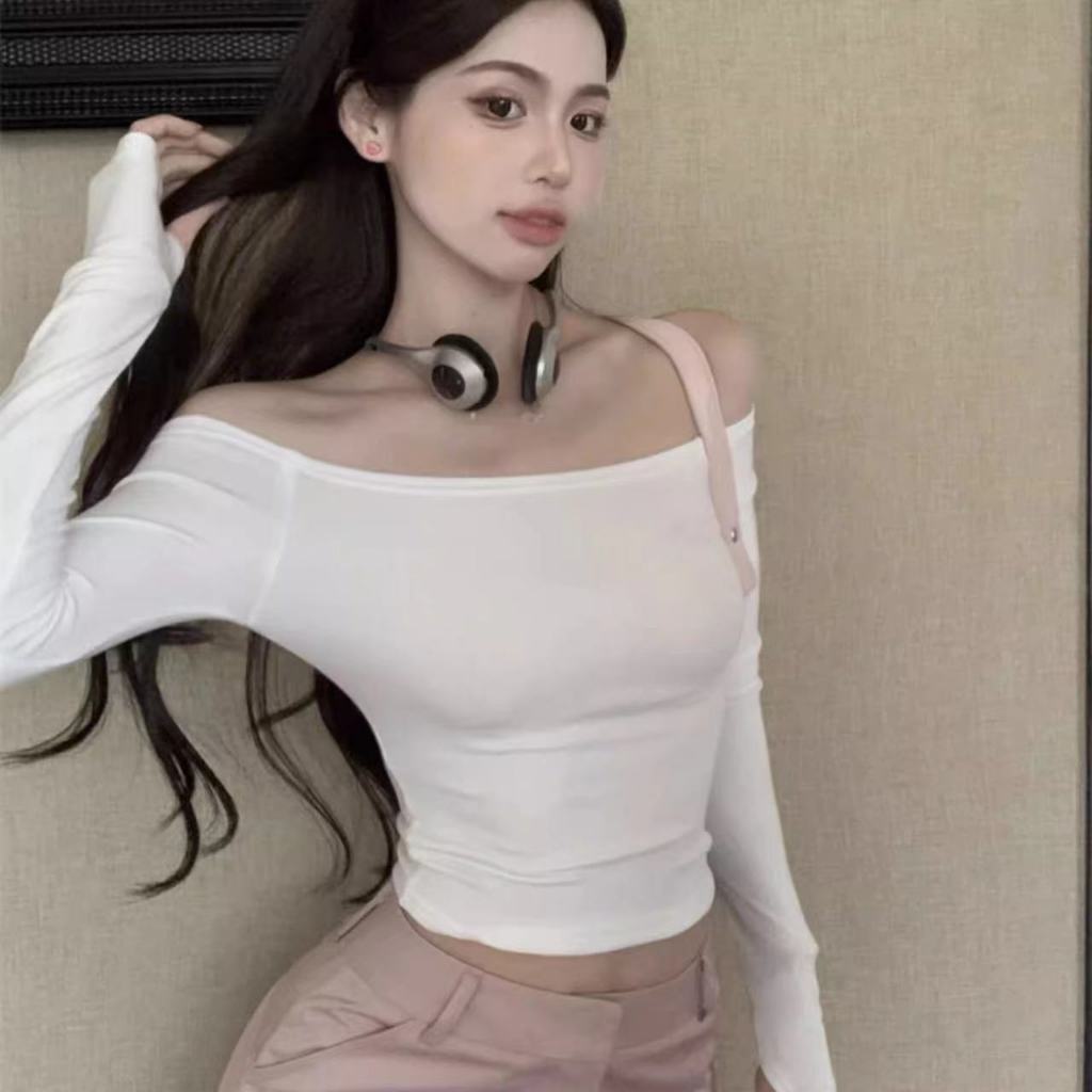 XYG-CH เสื้อครอปหญิง เซ็กซี่เสีดำสื้อแขนสั้น ไหล่เดียเเสื้อยืดปาดไหล่จับจีบเสื้อแขนกุด สไตล์ ...