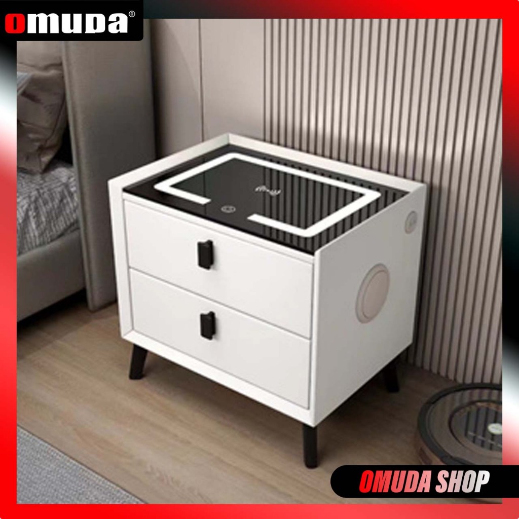 OMUDA_SHOPโต๊ะข้างเตียง ตู้ลิ้นชักข้างเตียงอัจฉริยะ พร้อมไฟ LED ลำโพงบลูทูธ ชาร์จแบตไร้สาย มีช่ ...