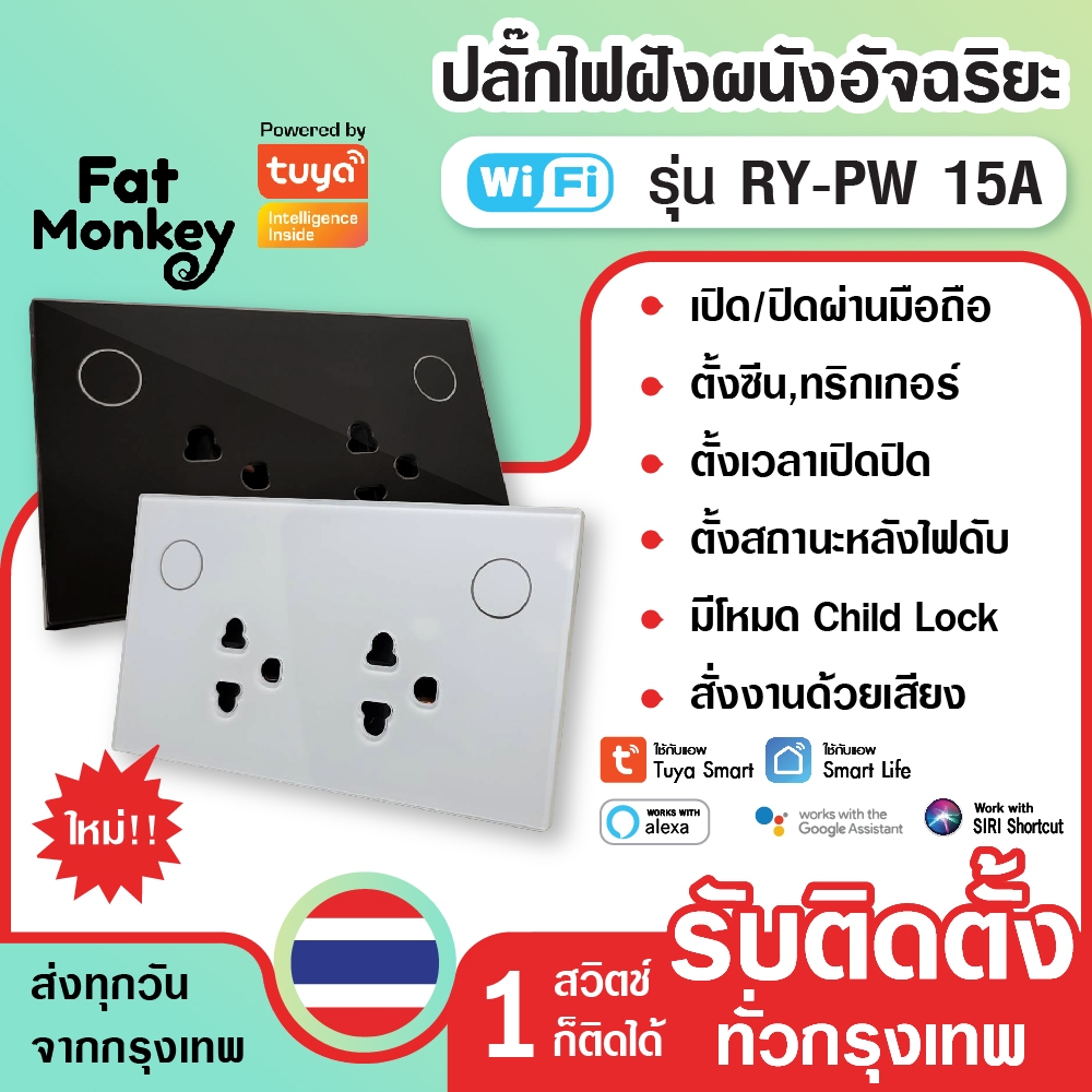 Tuya WiFi Double Socket plug ปลั๊กไฟฝังผนัง อัจฉริยะแบบ 2 เต้าเสียบ 15A 220V รุ่น RY-PW สั่งเปิด ...