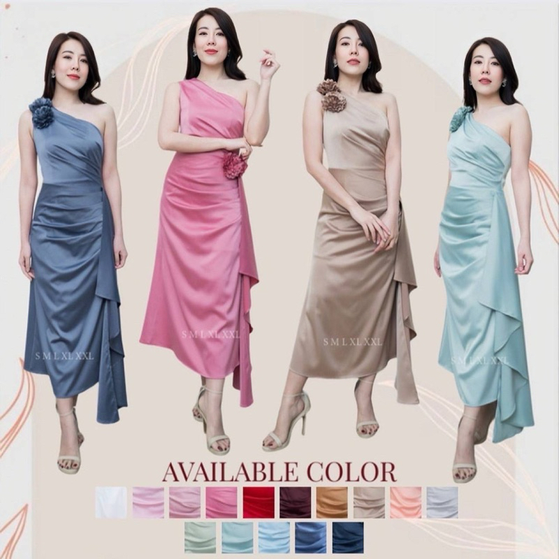 ชุดเดรส ชุดออกงาน ชุดราตรี FP032 เกรดพรีเมี่ยม ไหล่เบี่ยง สไบข้าง แถมดอกไม่2 ดอก | Shopee Thailand