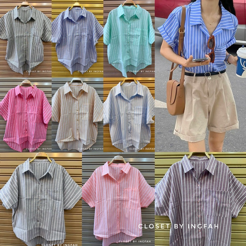 เสื้อเชิ้ตแขนสั้น แขนพับ คอปก กระดุมหน้า ลายริ้ว cotton basic shirt | Shopee Thailand