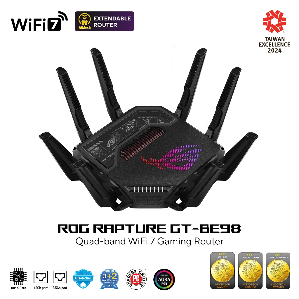ASUS ROG Rapture GT-BE98 Quad-Band WiFi 7 (802.11be) Gaming Router ...