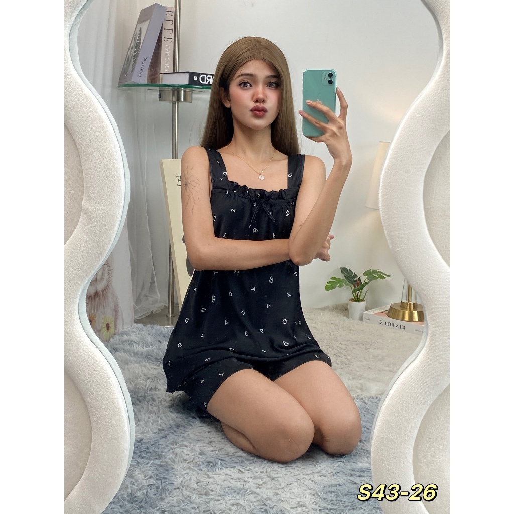 ชุดนอนฤดูร้อนผู้หญิงกางเกงขาสั้นแขนสั้นชุดนอนผ้าซาตินชุด 2 ชิ้นน่ารักสุด ๆ นุ่มลื่นสบาย S43 ...