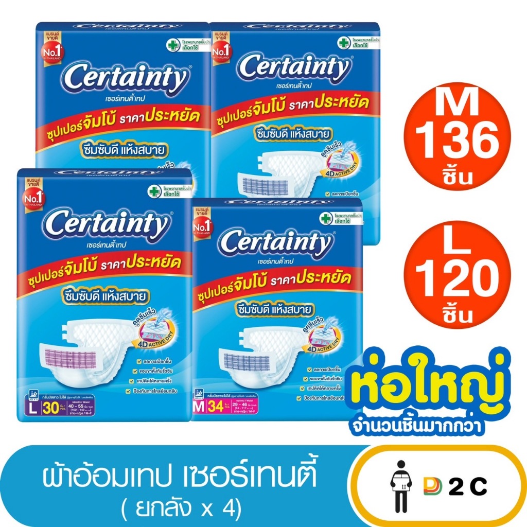 (ใส่โค้ดลด20%) [ยกลัง] Certainty Tape แบบเทป เซอร์เทนตี้ เทป M 34 / L 30 ชิ้น ผ้าอ้อมผู้ใหญ่ ...