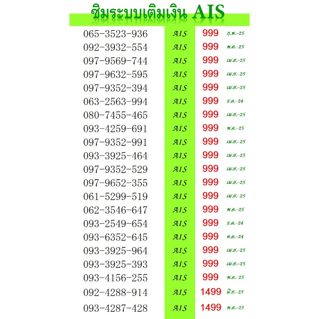 เบอร์มงคล เบอร์สวย AIS 639 782 789 456 159 | Shopee Thailand
