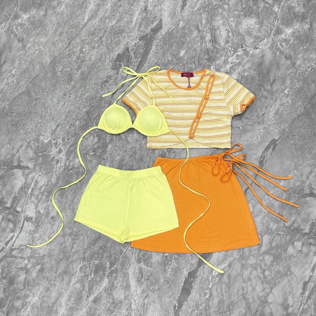 K522 BELLITA BRAND เซ็ทบิกินี่เหลืองเสื้อส้มลายทางซัมเมอร์ซัมใจ ใส่เที่ยว | Shopee Thailand