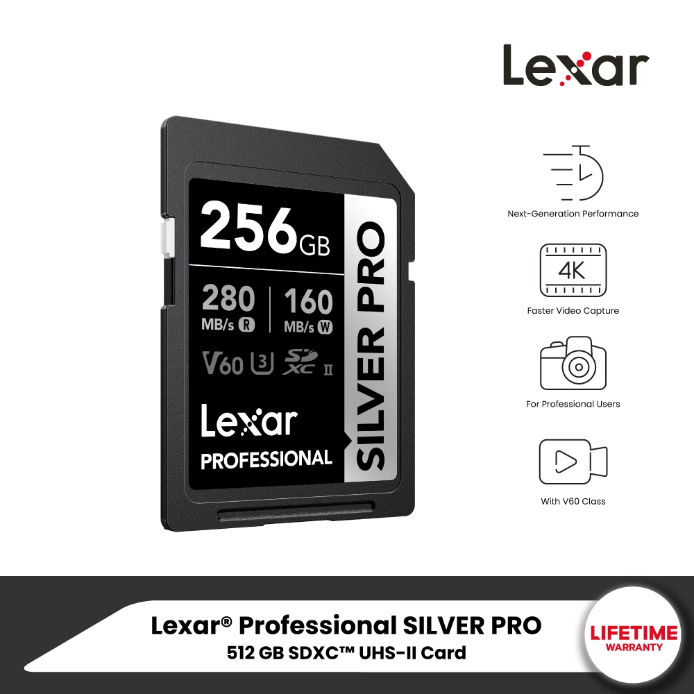 Lexar SILVER PRO 256GB UHS-II U3 V60 SDXC (เอสดีการ์ด) Full-HD 3D 4K RW280/160MB/s (LSDSIPR256G ...