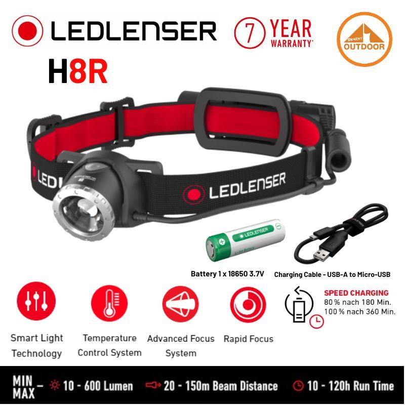 Ledlenser H8R Headlamp 600 Lumen ไฟฉายคาดหัวแบบชาร์จ Outdoor, Running, Camping, Fishing ...