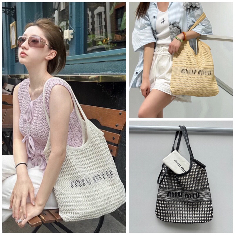 Pre order ราคา8100 Miumiu woven Mesh Tote 5593 กระเป๋าหิ้ว | Shopee ...