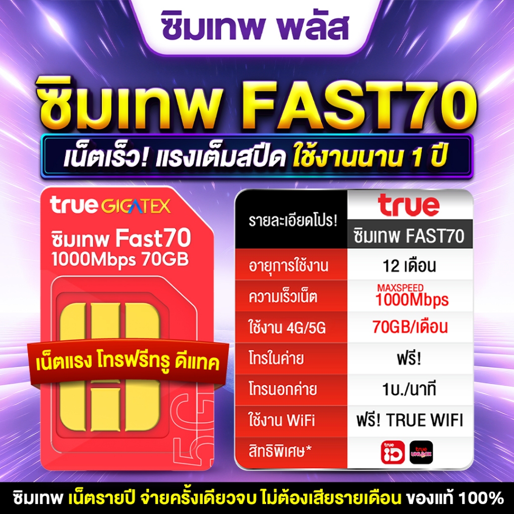 ซิมเทพTrue Fast70 ซิมเทพทรู โทรฟรีทรู ซิมเทพ 70GB แมกซ์สปีด maxspeed เร็วสูงสุด 1000Mbps ...